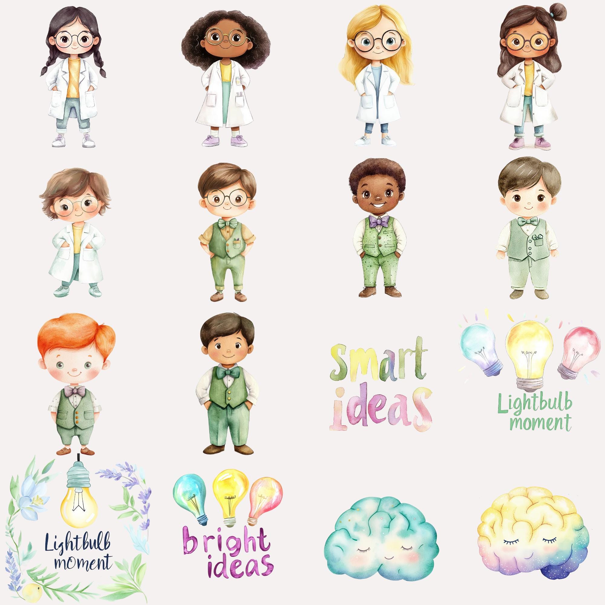 Watercolor Aha Moments Clipart Instant Download Cute Brains, Light ...