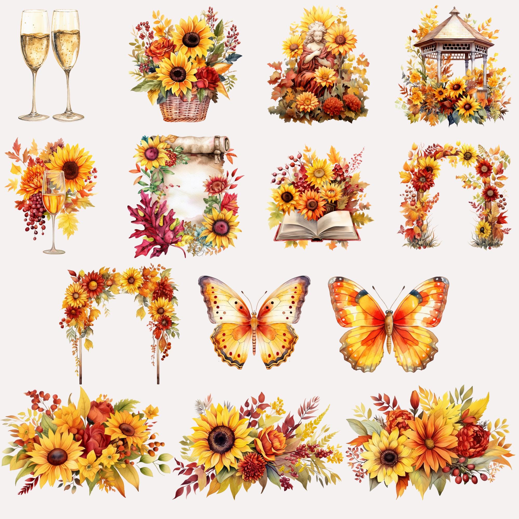 Watercolor Fall Floral Clipart INSTANT DOWNLOAD Autumn Flower Bouquets ...