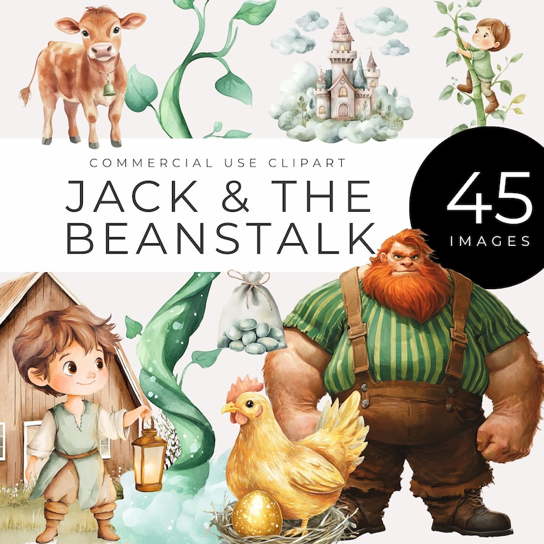 Watercolor Jack and the Beanstalk Clipart INSTANT DOWNLOAD Flok Lore, Fairytale Graphics for ...