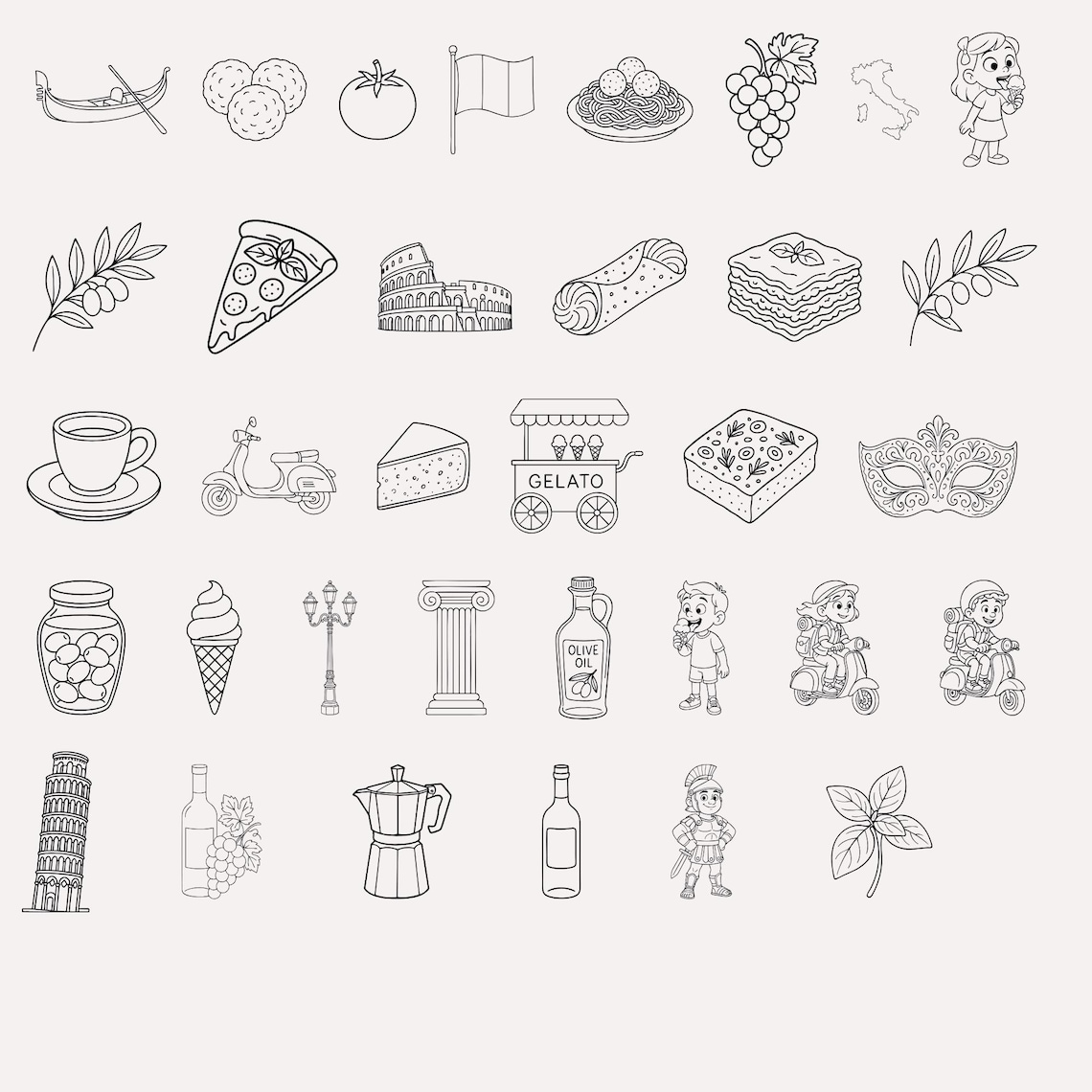 Cute Italy Svgs, Black & White Monoline Line Art Icons of Food ...