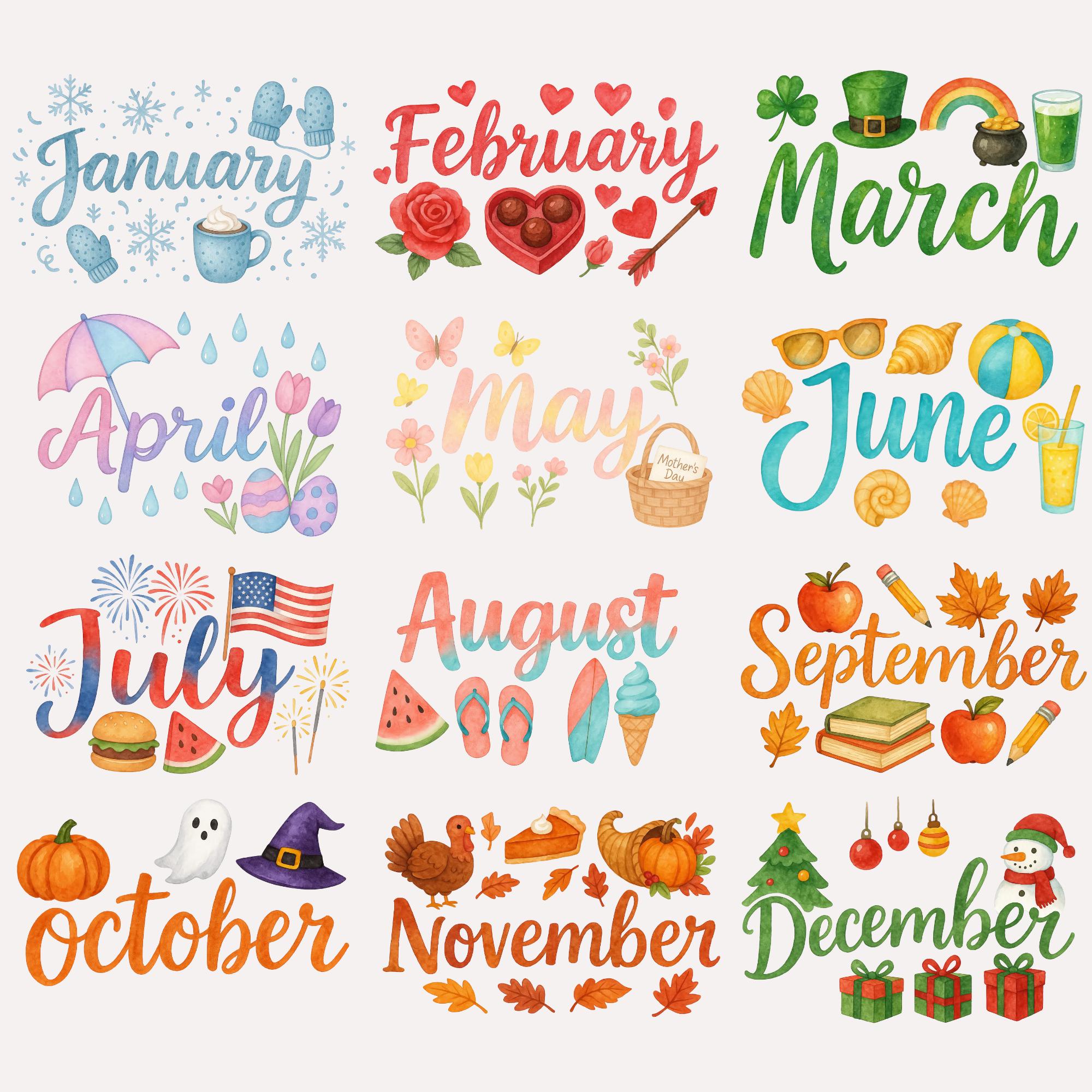 Months of the Year Clipart, Seasonal Calendar Graphics, Planner ...