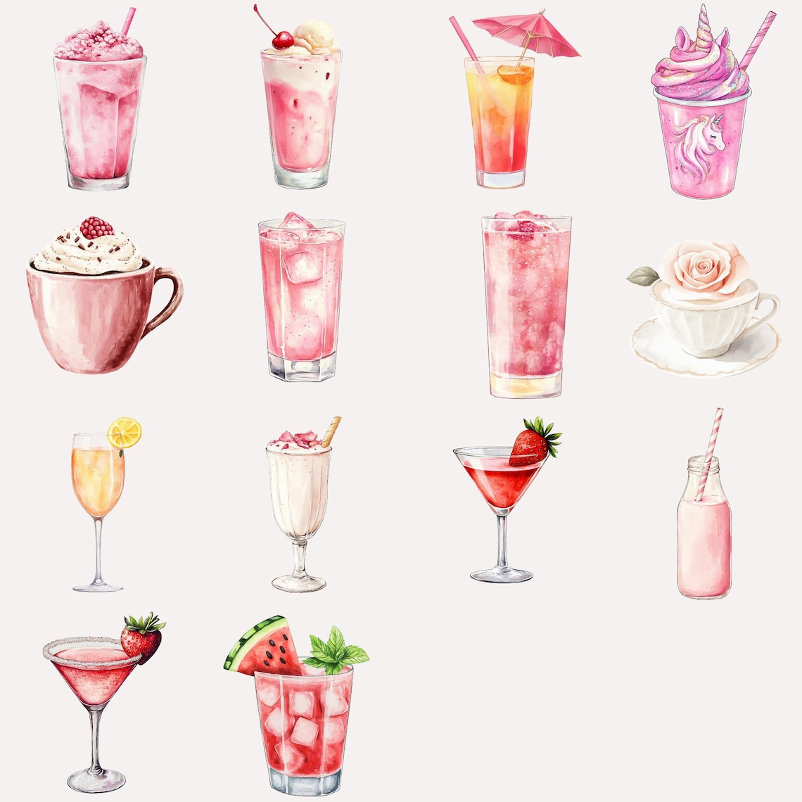 Watercolor Pink Cocktail Clipart, Fancy Drinks, Mocktails & Smoothies ...
