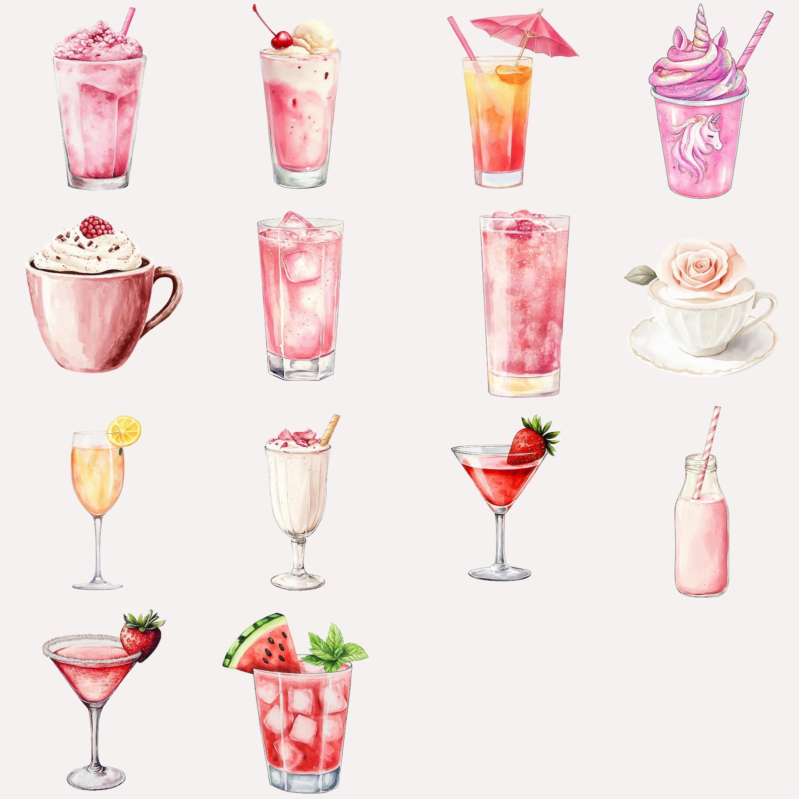 Watercolor Pink Cocktail Clipart, Fancy Drinks, Mocktails & Smoothies ...