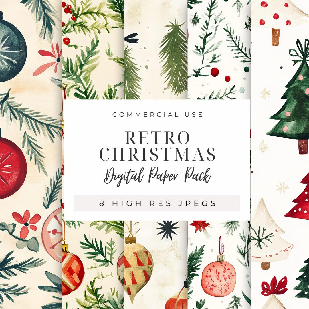 Watercolor Retro Christmas Digital Papers, Vintage Holiday Ornaments ...