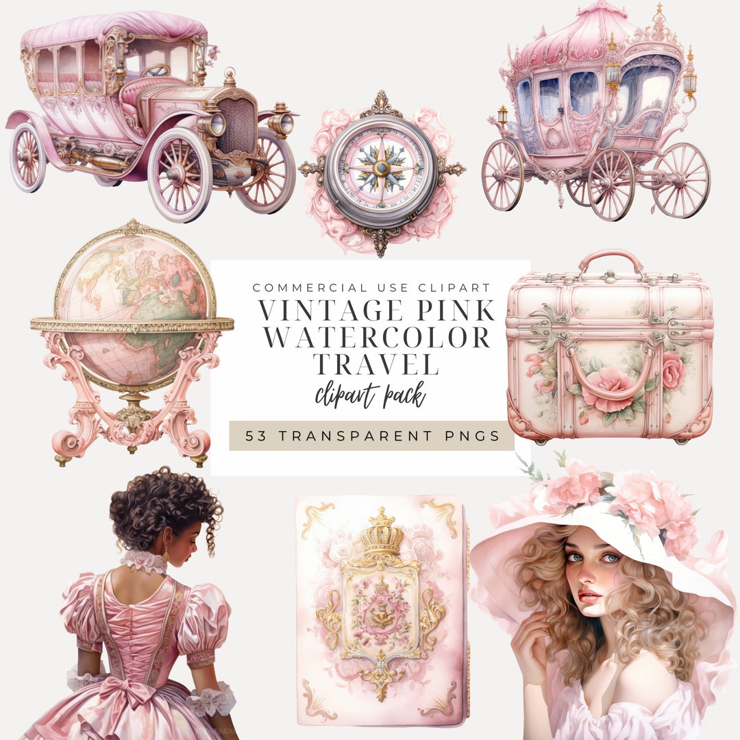 Travel Watercolor Clipart Pink Girly DIGITAL DOWNLOAD Rococo Fashion ...
