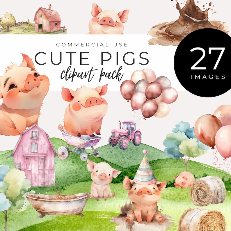 Watercolor Cute Pig Clipart INSTANT DOWNLOAD Adorable Farm Animals ...