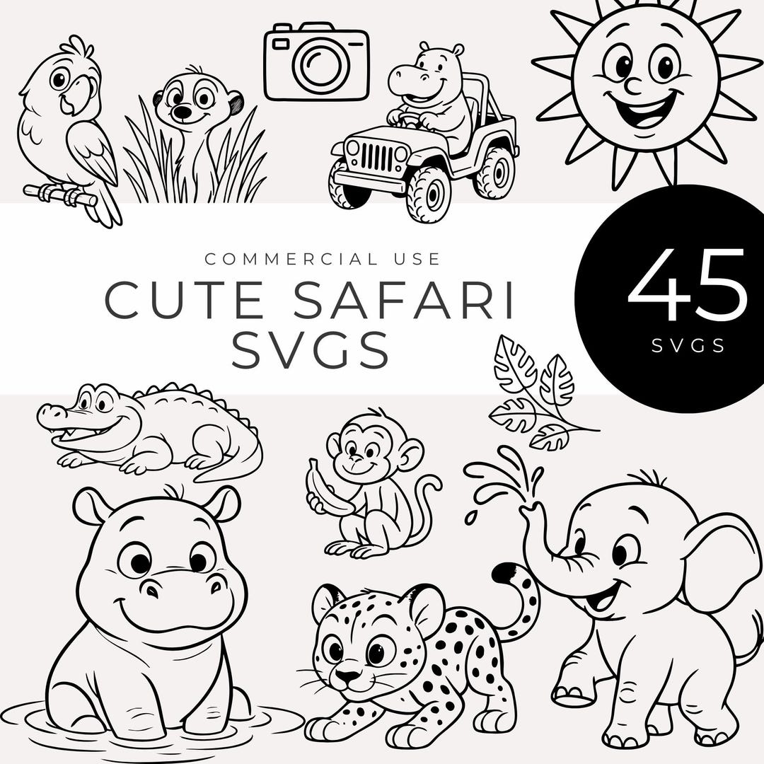 Cute Safari Animal Svgs, Digital Download, Jungle Monoline Art, Zoo ...
