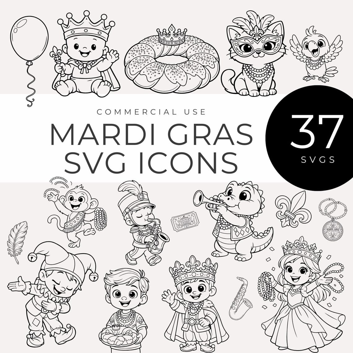Mardi Gras SVG, Festive Holiday Carnival Masks, Beads & Parade Line Art ...