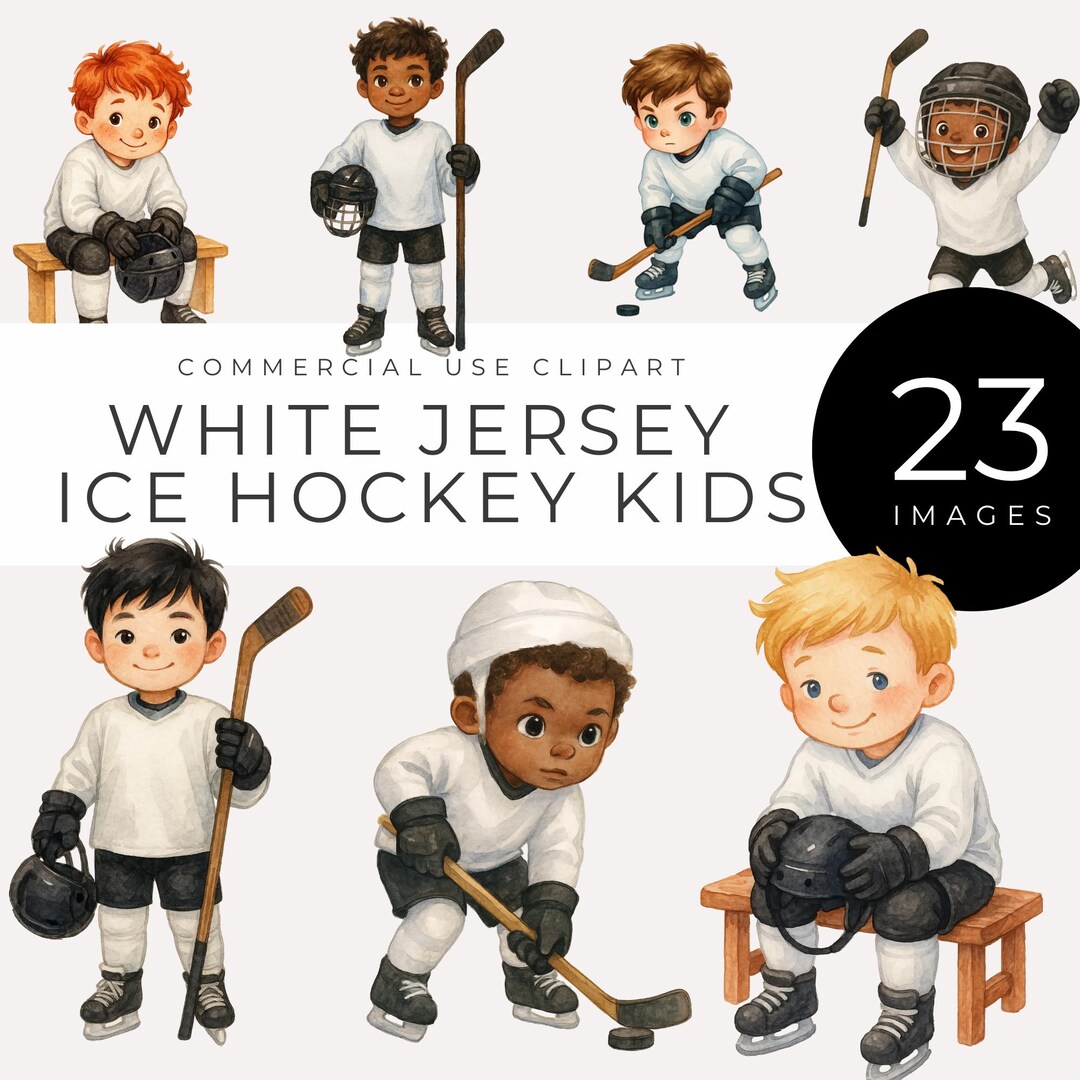 Cute Hockey Kids Clipart, White Jersey Ice Hockey Illustrations, Sports ...