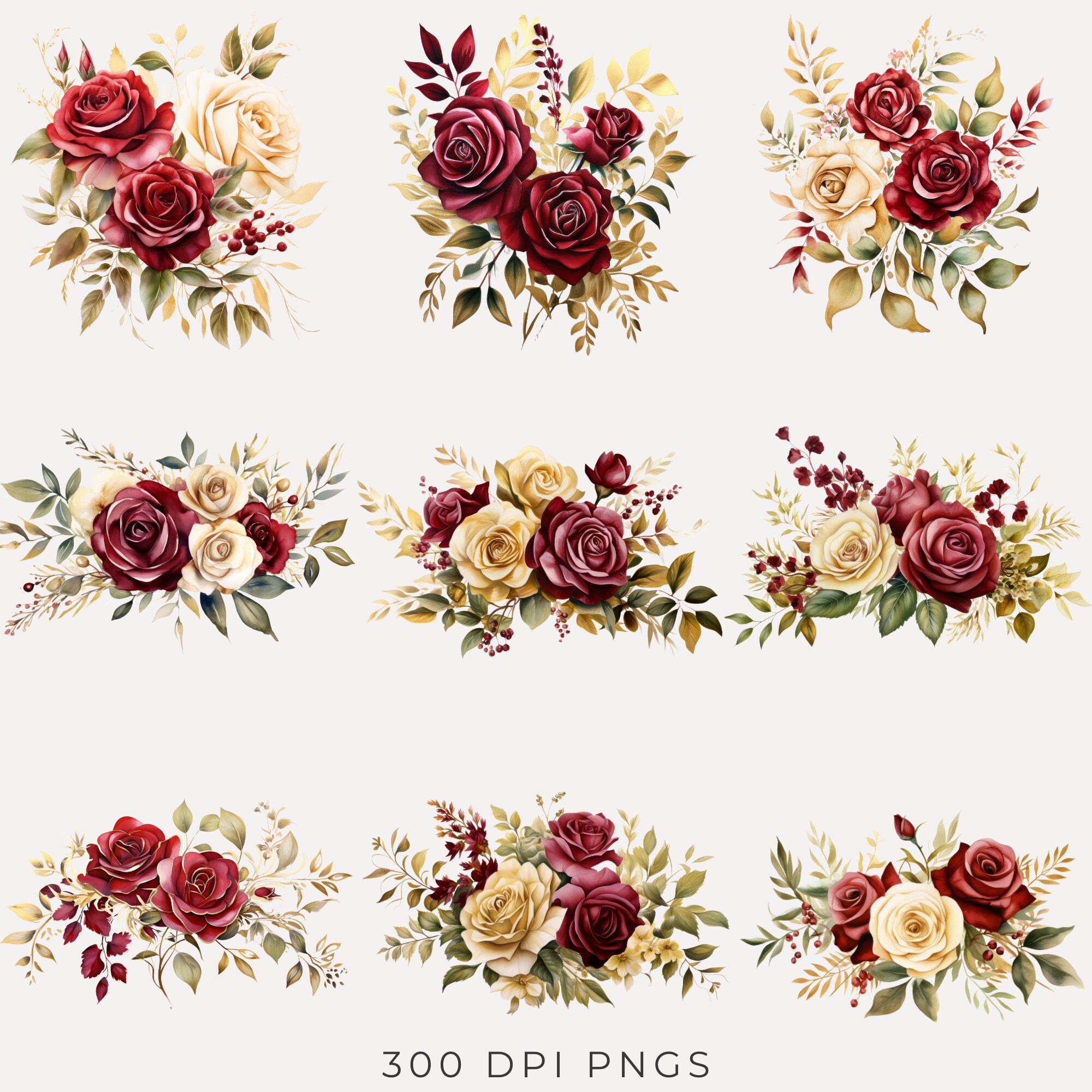 Red and Gold Rose Png INSTANT DOWNLOAD Watercolor Burgundy Clipart for ...