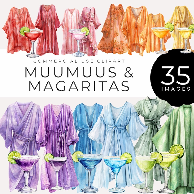 Watercolor Muumuu and Margaritas Clipart, Tropical Dress PNG, Cocktail ...