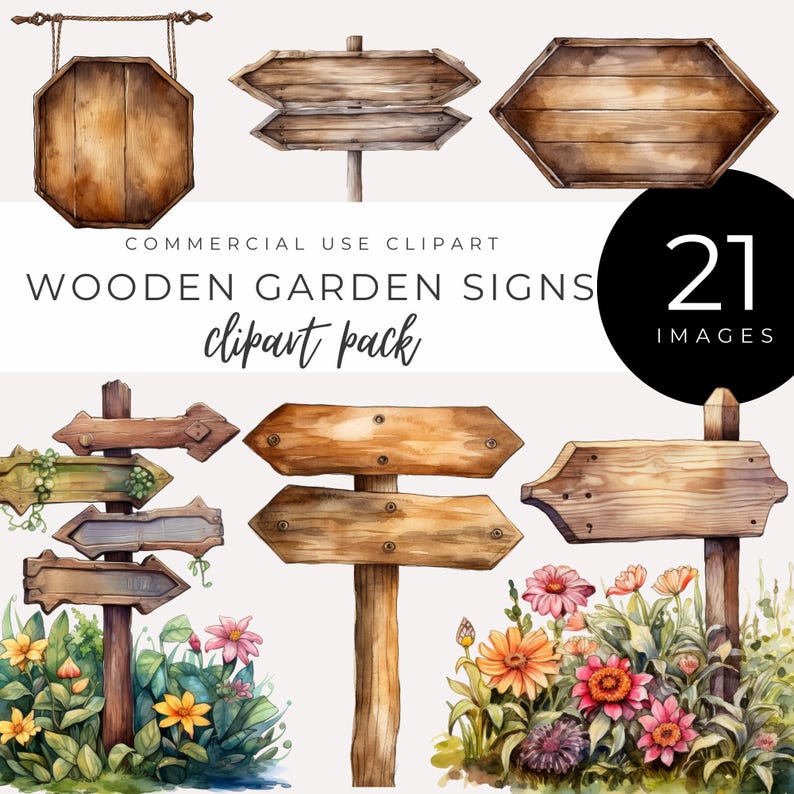 Wooden Garden Sign Clipart INSTANT DOWNLOAD Rustic Wood Watercolor ...