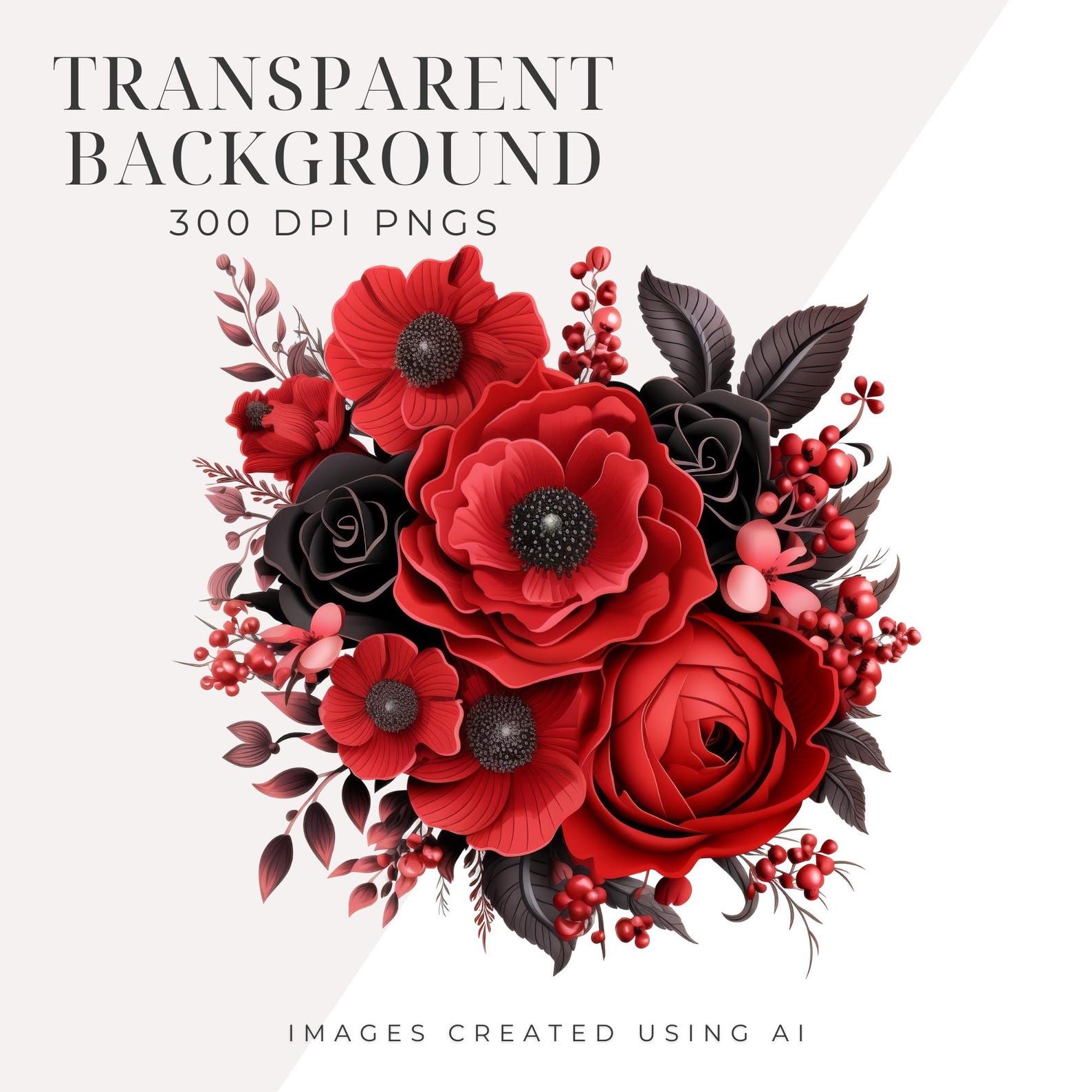 Red and Black Floral Clipart INSTANT DOWNLOAD Gothic Bouquet & Dramatic ...