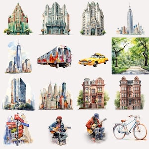 New York Skyline Watercolor Clipart INSTANT DOWNLOAD Iconic NYC ...