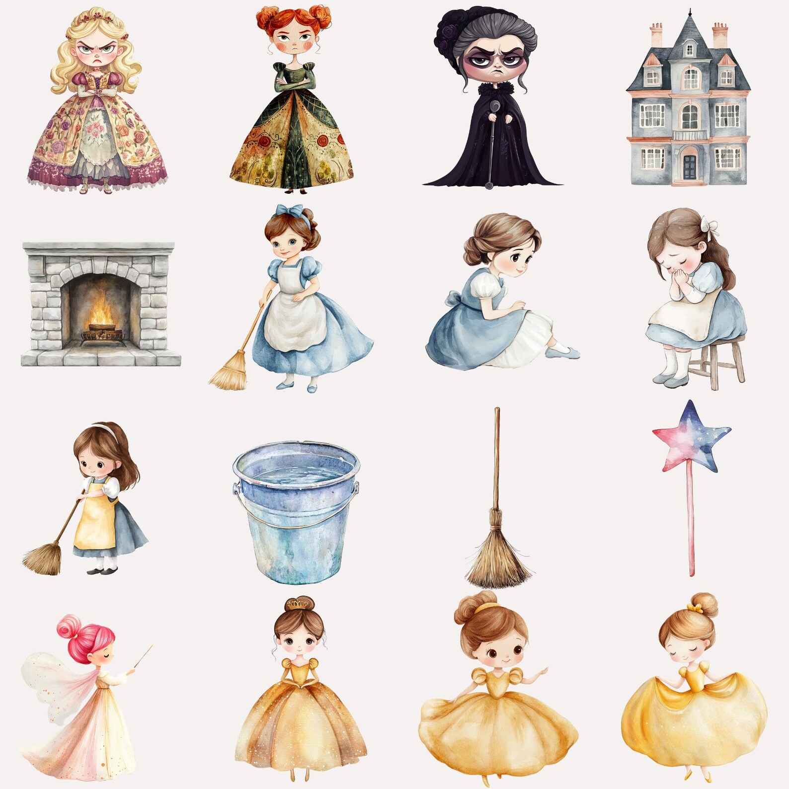 Watercolor Cinderella Clipart, Instant Download, Fairy Tale Princess ...