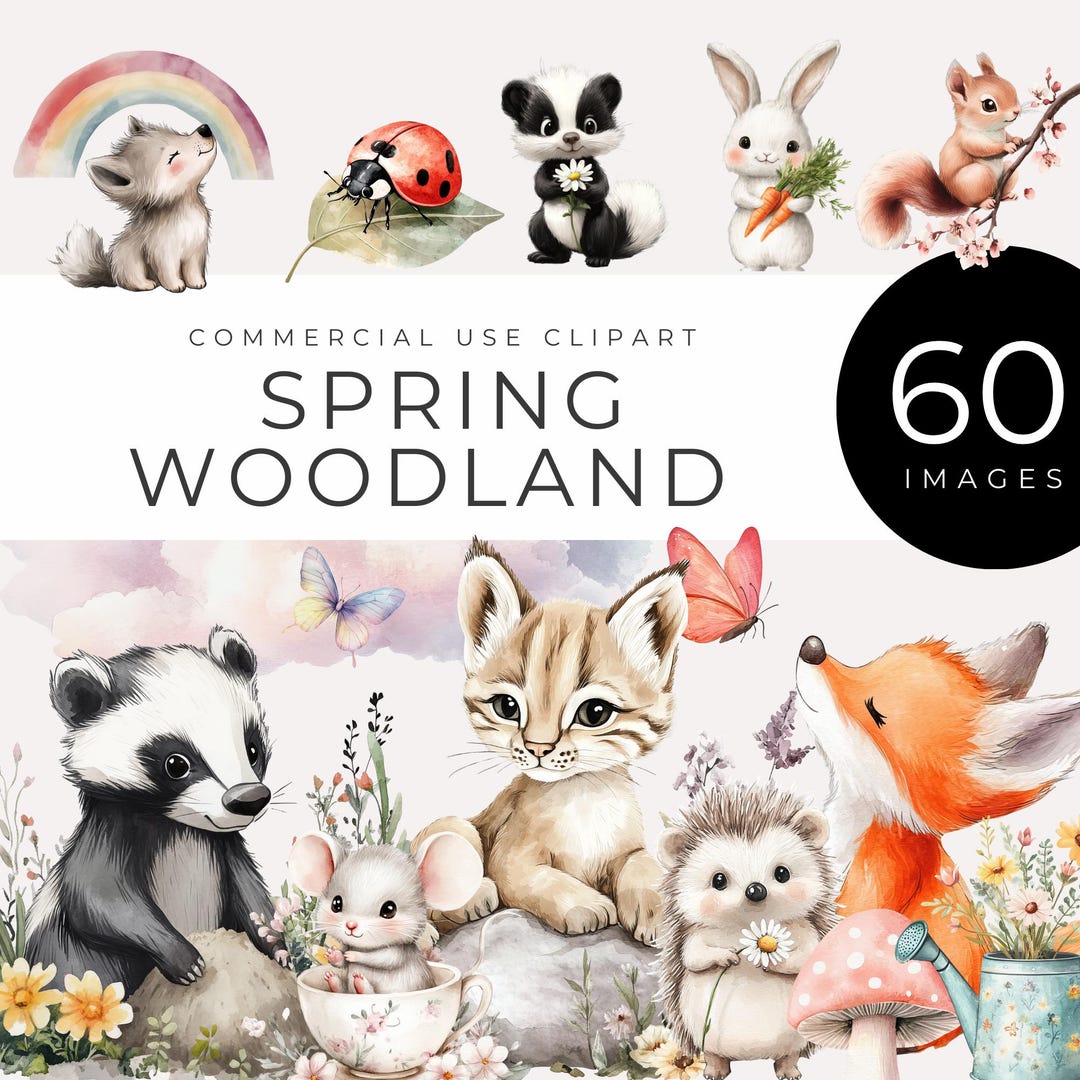 Spring Woodland Clipart, Instant Download, Watercolor Cute Forest ...