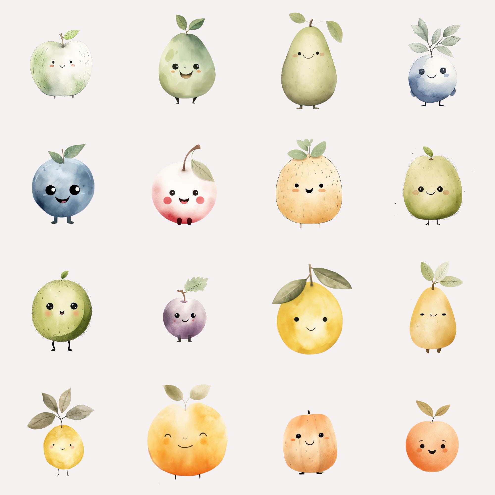 Adorable Smiling Fruit Clipart INSTANT DOWNLOAD Cute Fruit Characters ...