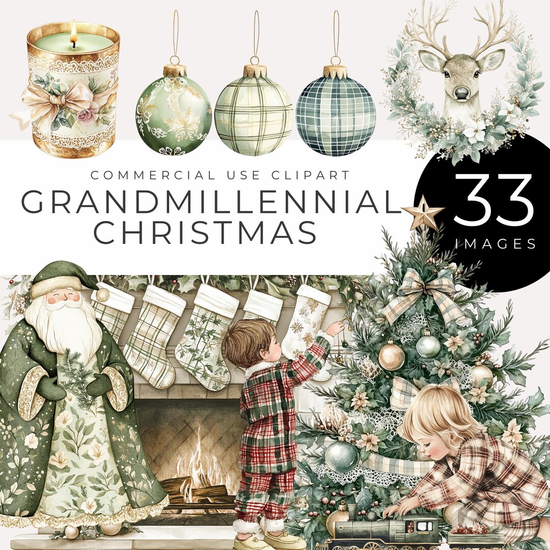 Grandmillennial Christmas Clipart INSTANT DOWNLOAD Watercolor Vintage ...