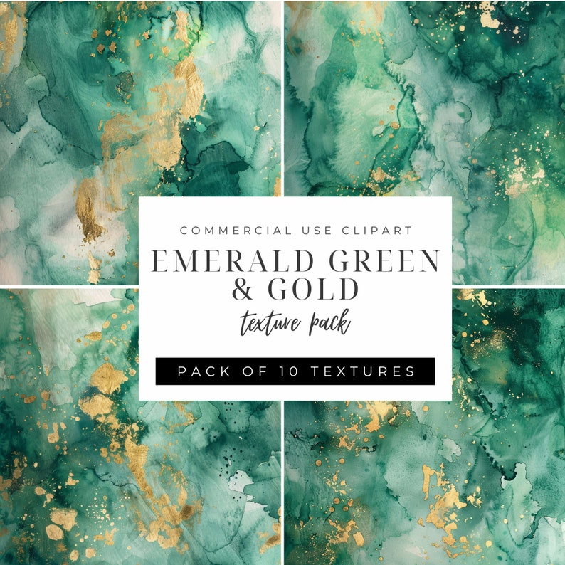 Emerald Green & Gold Abstract Watercolor Textures, INSTANT DOWNLOAD ...