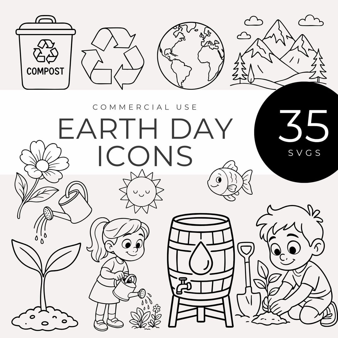 Earth Day Icons Svgs Eco Friendly Recycling & Nature Outline Graphics ...