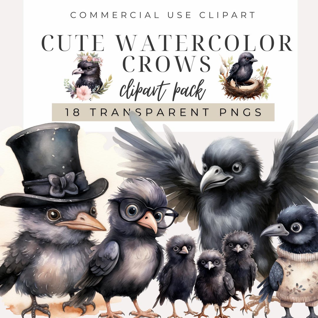 Watercolor Cute Crows Clipart INSTANT DOWNLOAD Adorable Halloween Birds ...