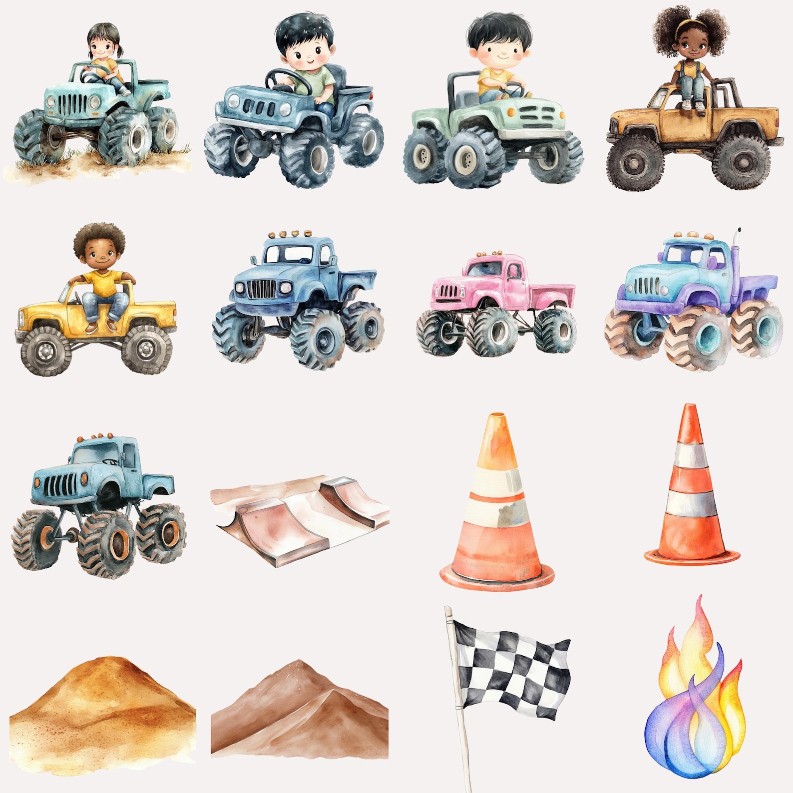 Cute Monster Trucks Clipart Instant Download Watercolor Kids Birthday ...