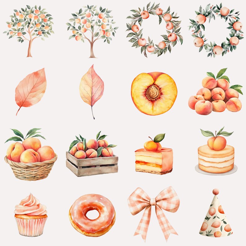 Cute Peach Clipart, Instant Download, Watercolor Fruit PNG, Cottagecore ...
