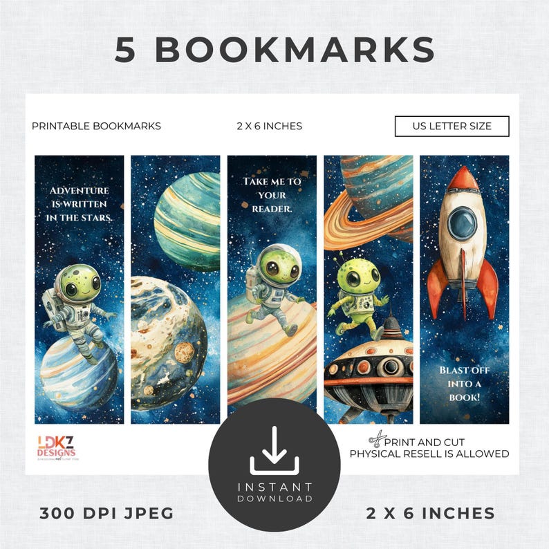 Space Alien Bookmarks, Instant Download, Outer Space Page Markers, Sci ...