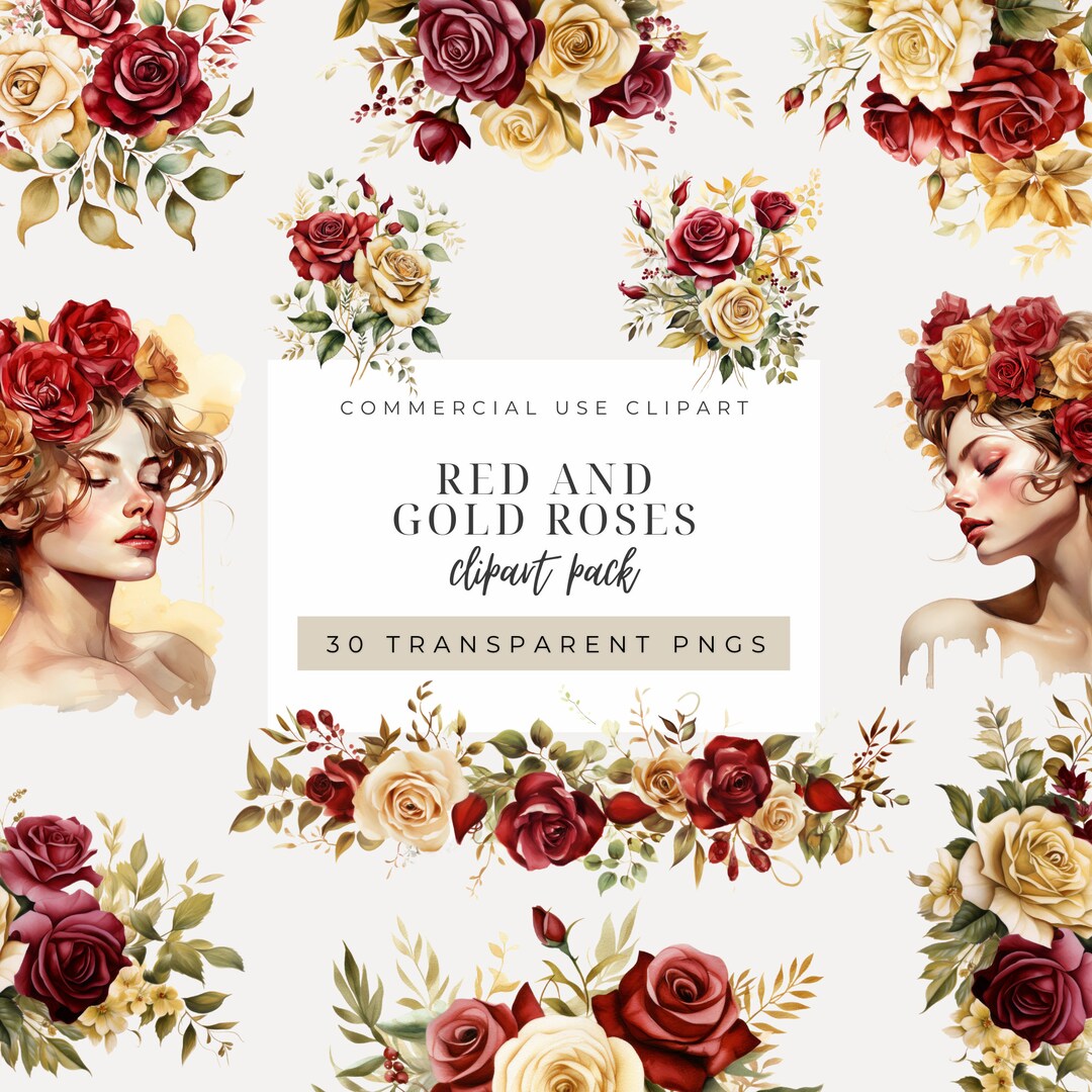 Red and Gold Rose Png INSTANT DOWNLOAD Watercolor Burgundy Clipart for ...