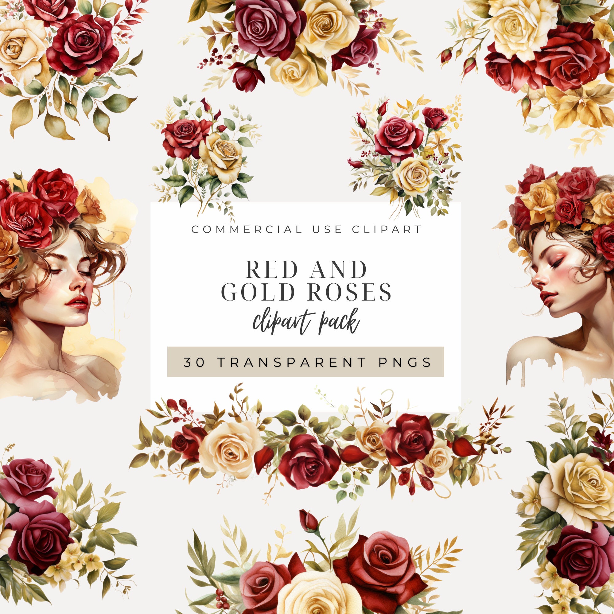 Red and Gold Rose Png INSTANT DOWNLOAD Watercolor Burgundy Clipart for ...