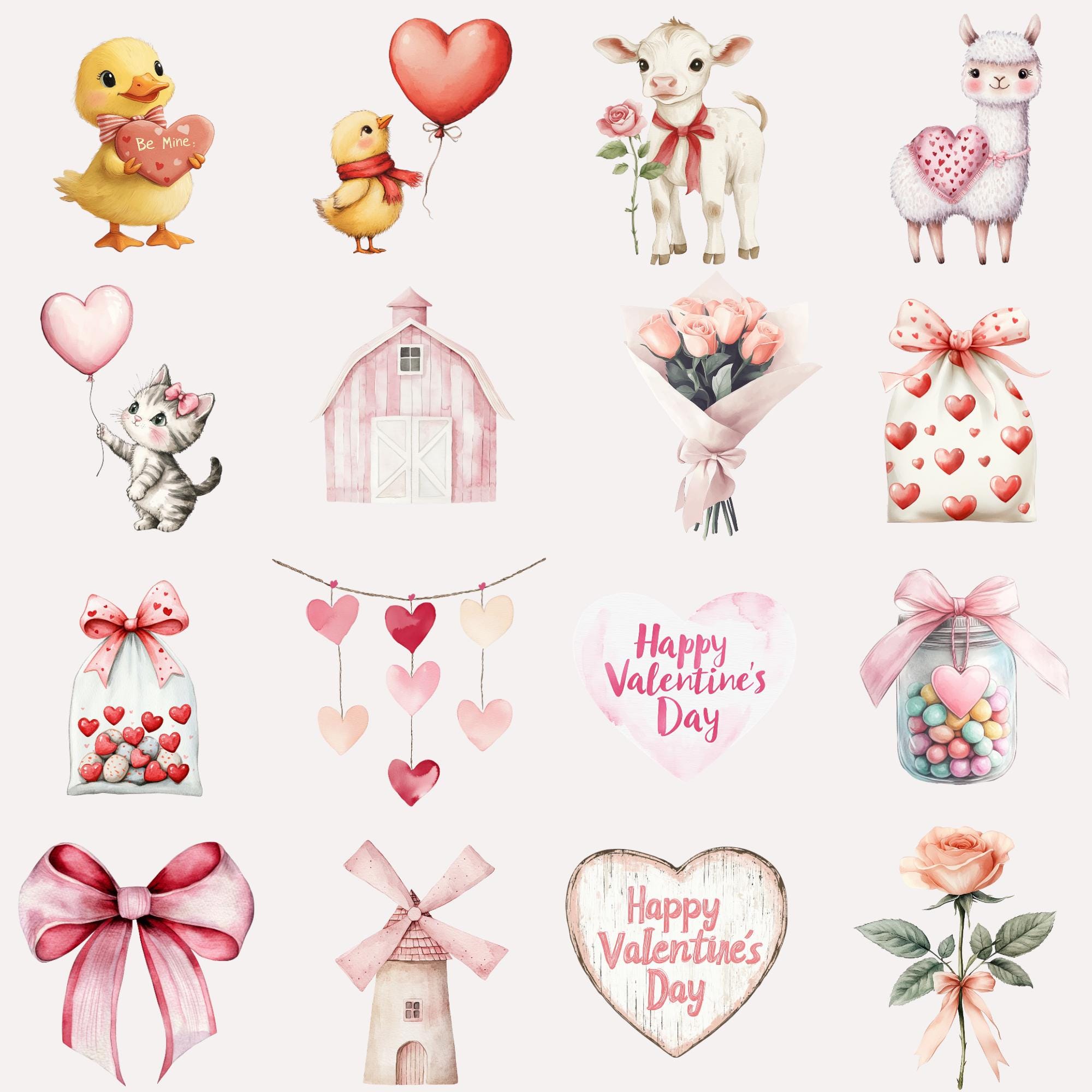 Watercolor Farm Animals Valentine's Day Clipart INSTANT DOWNLOAD Cute ...