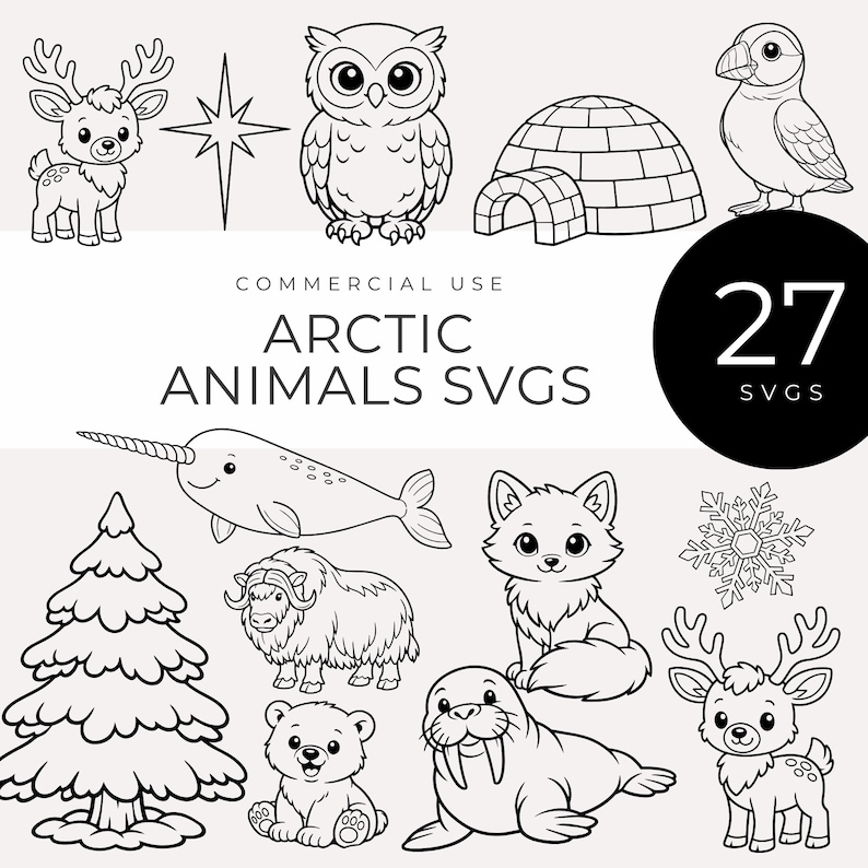 Arctic Animals Svgs, Polar Bear Penguin Narwhal Black & White Line Art ...