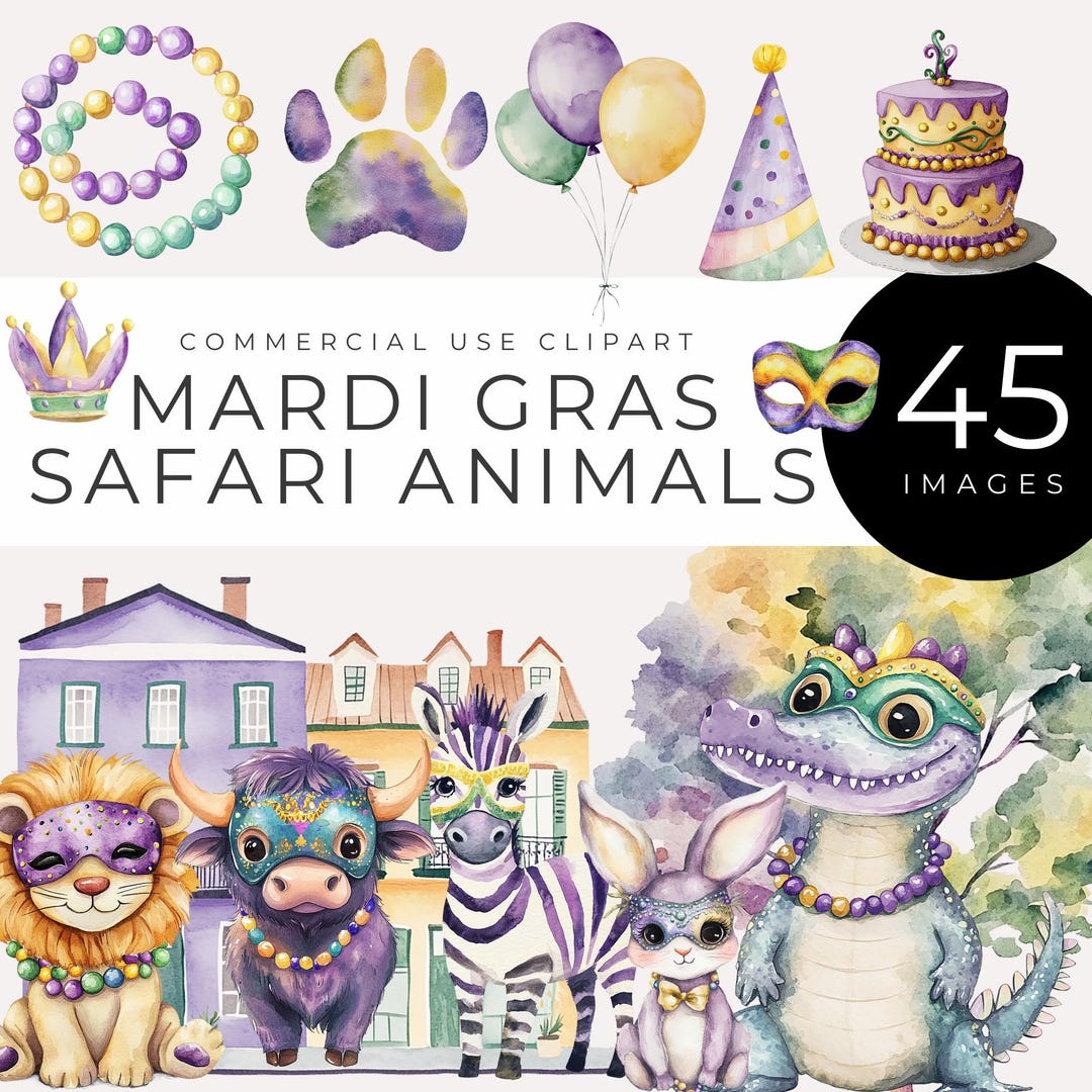 Mardi Gras Safari Animal Clipart INSTANT DOWNLOAD Watercolor Jungle ...