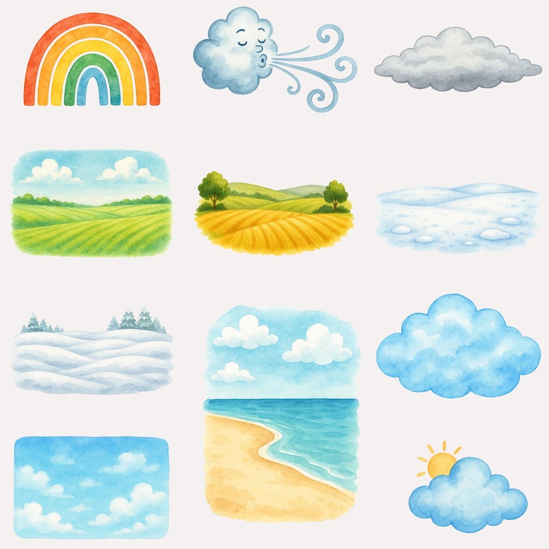 Weather Clipart, Watercolor Sun, Clouds, Rain, Snow, Rainbow, Storm ...