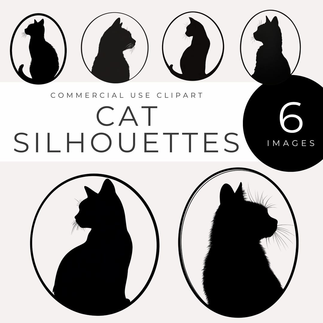 Cat Silhouette Clipart, Instant Download, Vintage Feline Cameo, Digital ...