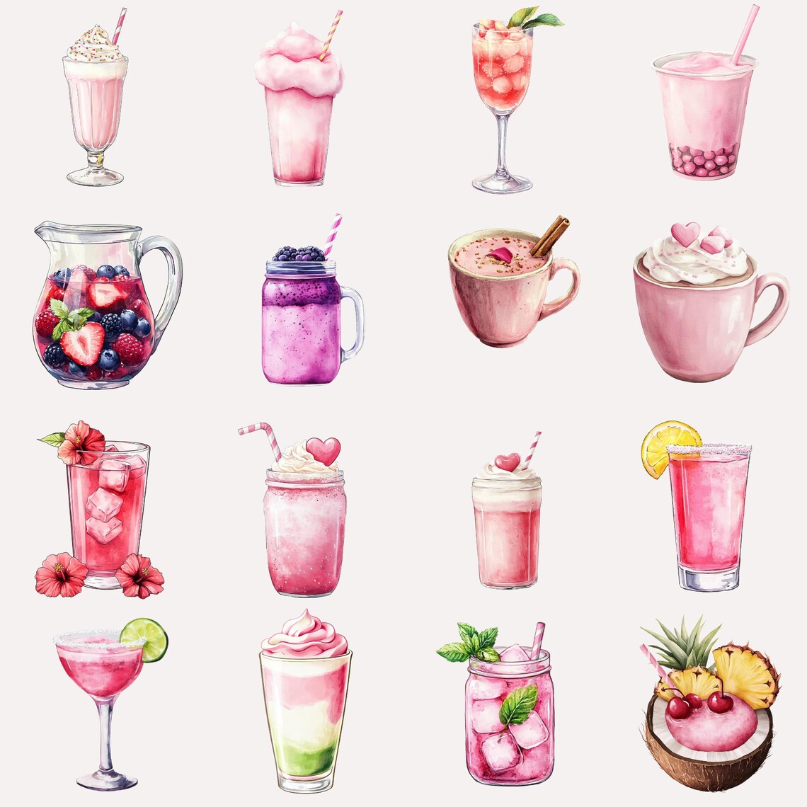 Watercolor Pink Cocktail Clipart, Fancy Drinks, Mocktails & Smoothies ...