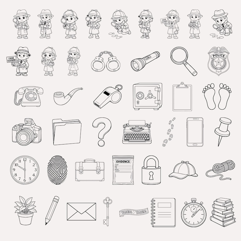 Cute Detective Svgs, Kids Mystery Black and White Icons, Spy Clipart ...