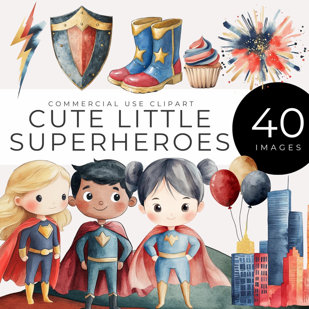 Superhero Kids Clipart INSTANT DOWNLOAD Watercolor Cute Kids Hero ...