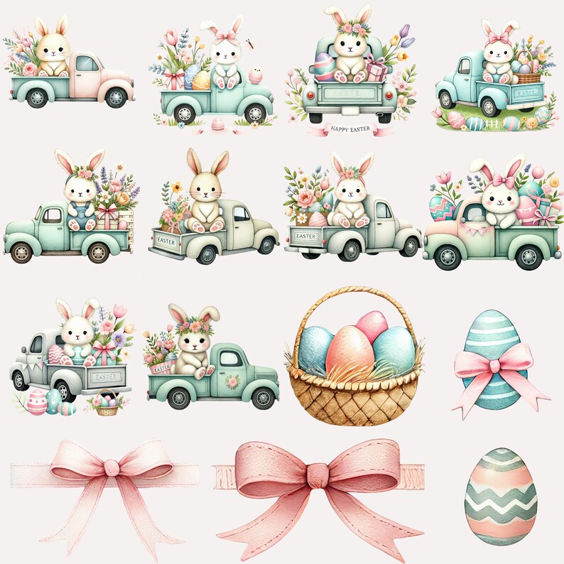 Easter Bunny Truck Clipart, Instant Download, Pastel Watercolor Designs ...