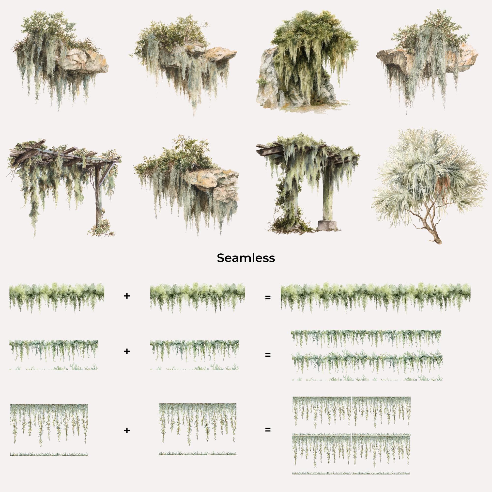 Spanish Moss Clipart, Watercolor Greenery PNG, Hanging Moss Branches ...