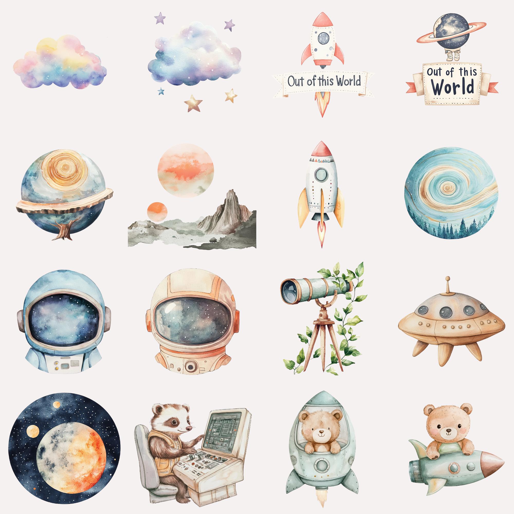 Woodland Space Clipart, Instant Download, Watercolor Astronaut Animals ...