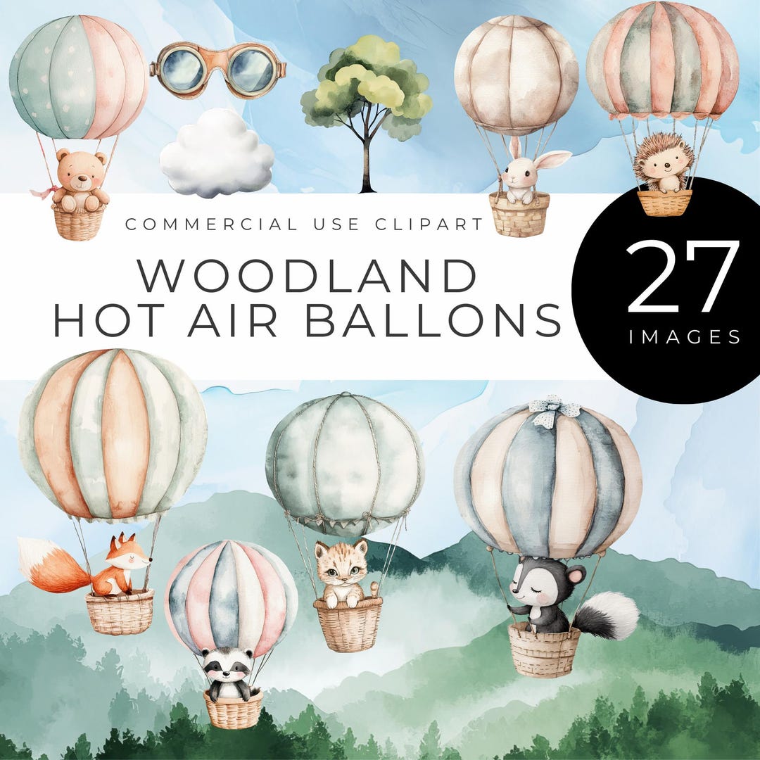 Woodland Hot Air Balloon Clipart, Instant Download, Watercolor Animals ...