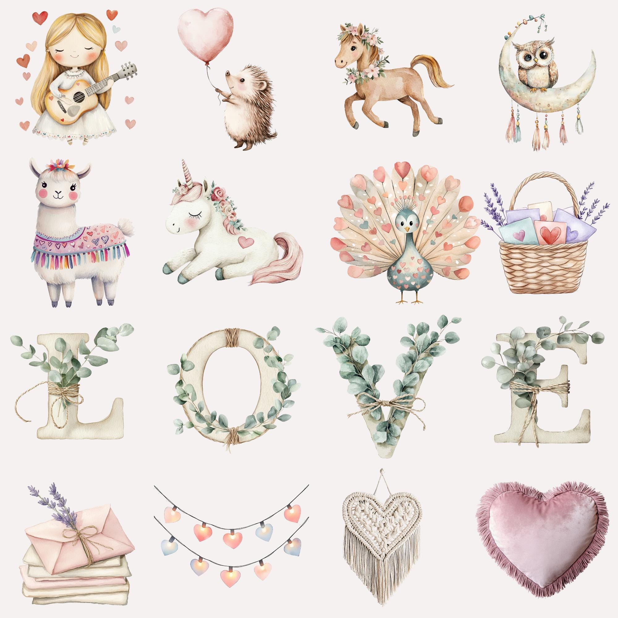 Watercolor Boho Valentine's Day Clipart, Romantic Boho Animals ...
