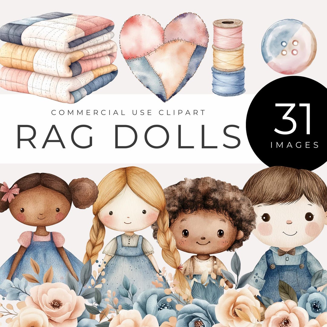 Rag Doll Clipart INSTANT DOWNLOAD Watercolor Patchwork Toy Graphics for ...