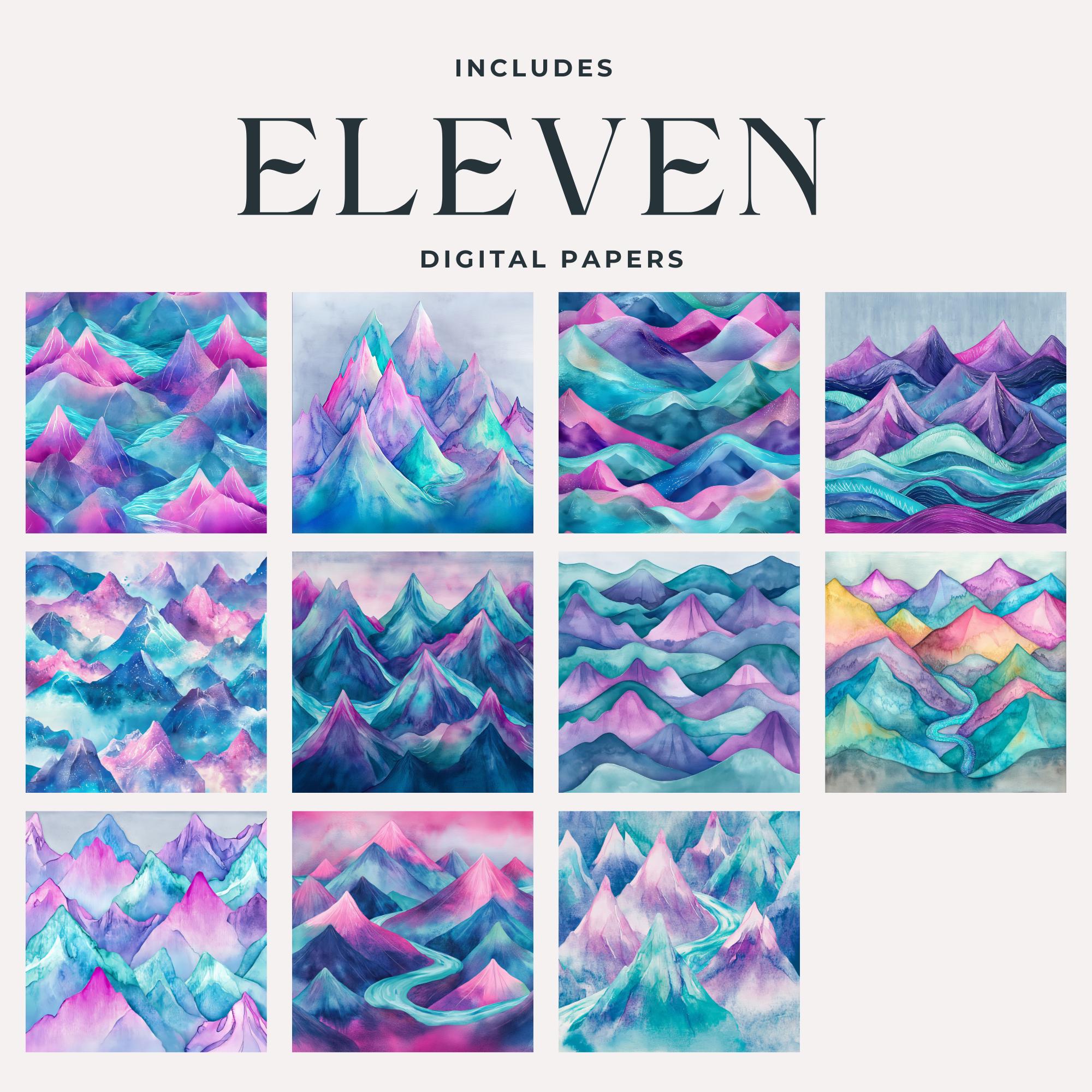 Twilight Terrain Digital Papers, Instant Download, Watercolor Mountain ...