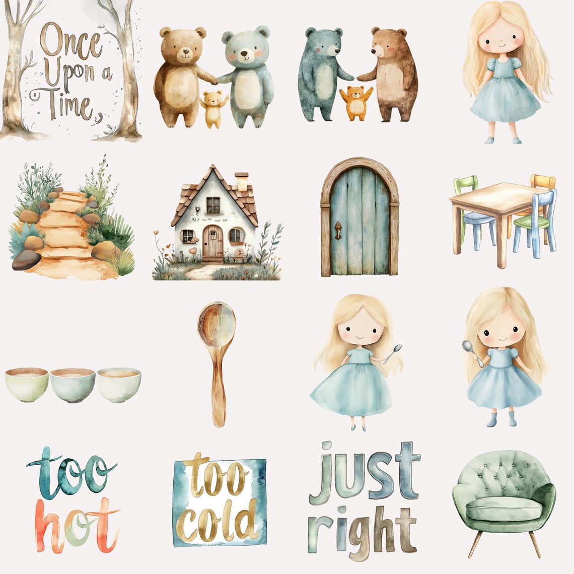 Goldilocks and the Three Bears Clipart Instant Download Watercolor ...