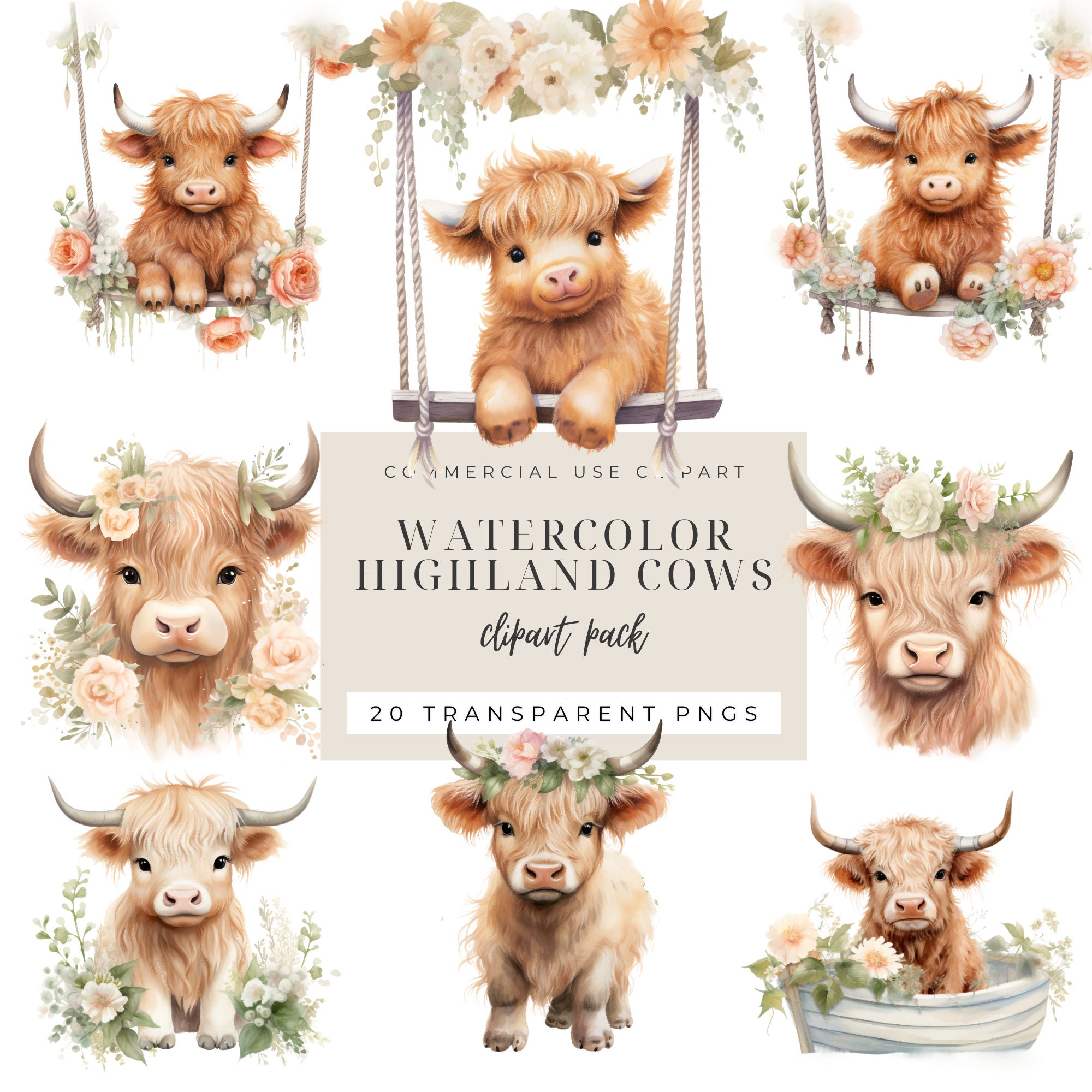 Watercolor Baby Highland Cows INSTANT DIGITAL DOWNLOAD Farm Animals ...