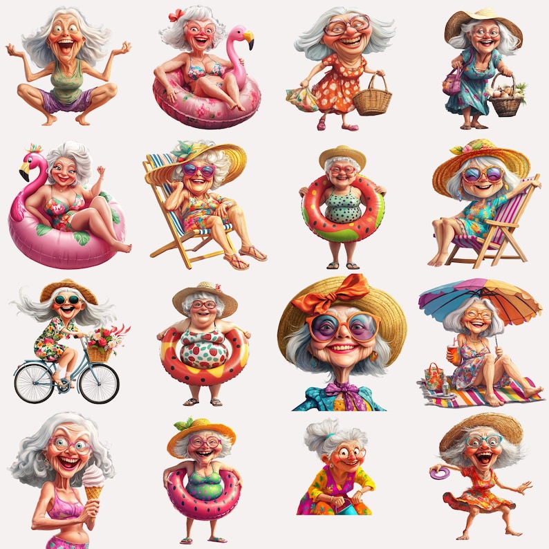 Old Lady Beach Clipart, Instant Download, Quirky Summer Grandma Images ...