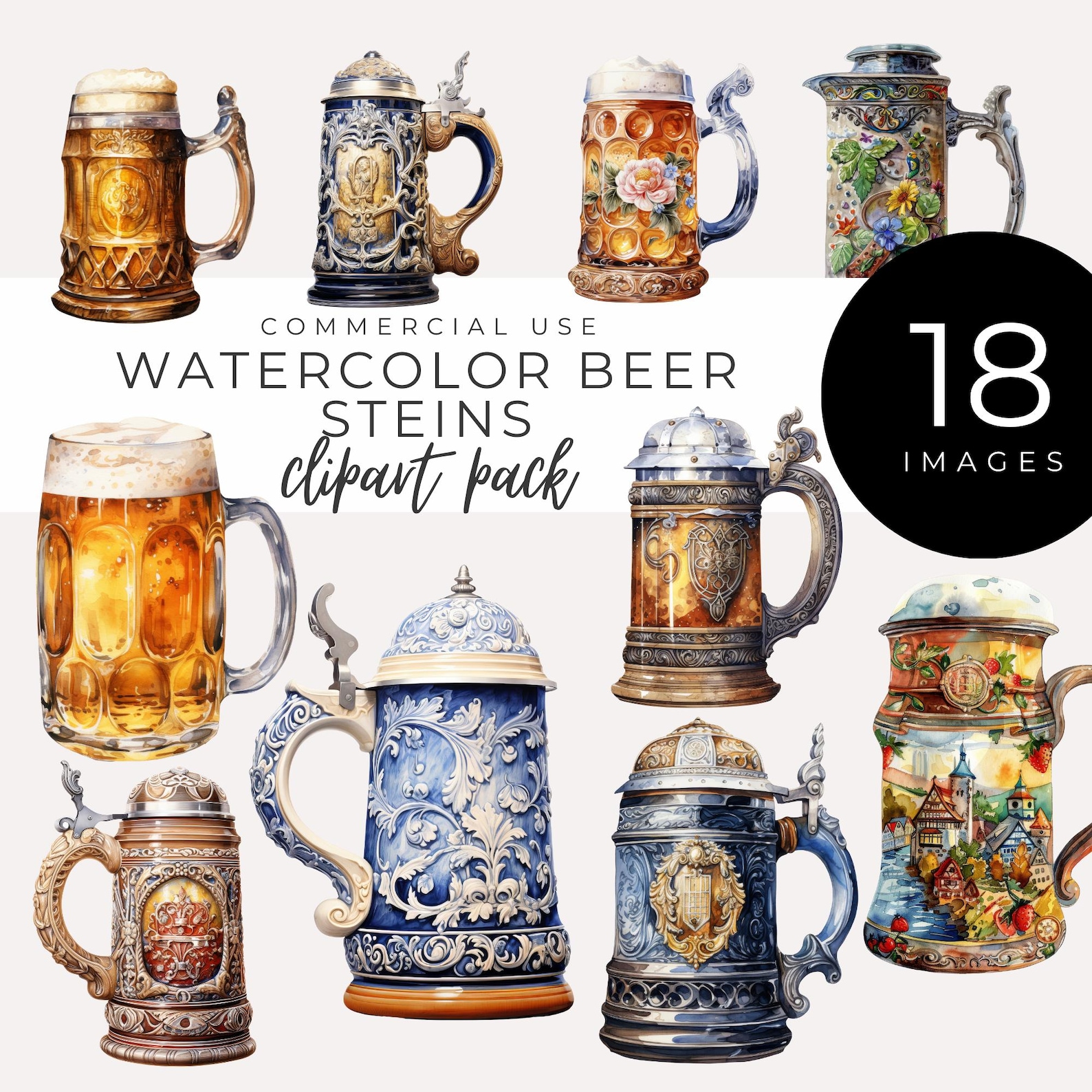 Watercolor Beer Stein Clipart Pack INSTANT DOWNLOAD Vintage Beer Mugs ...