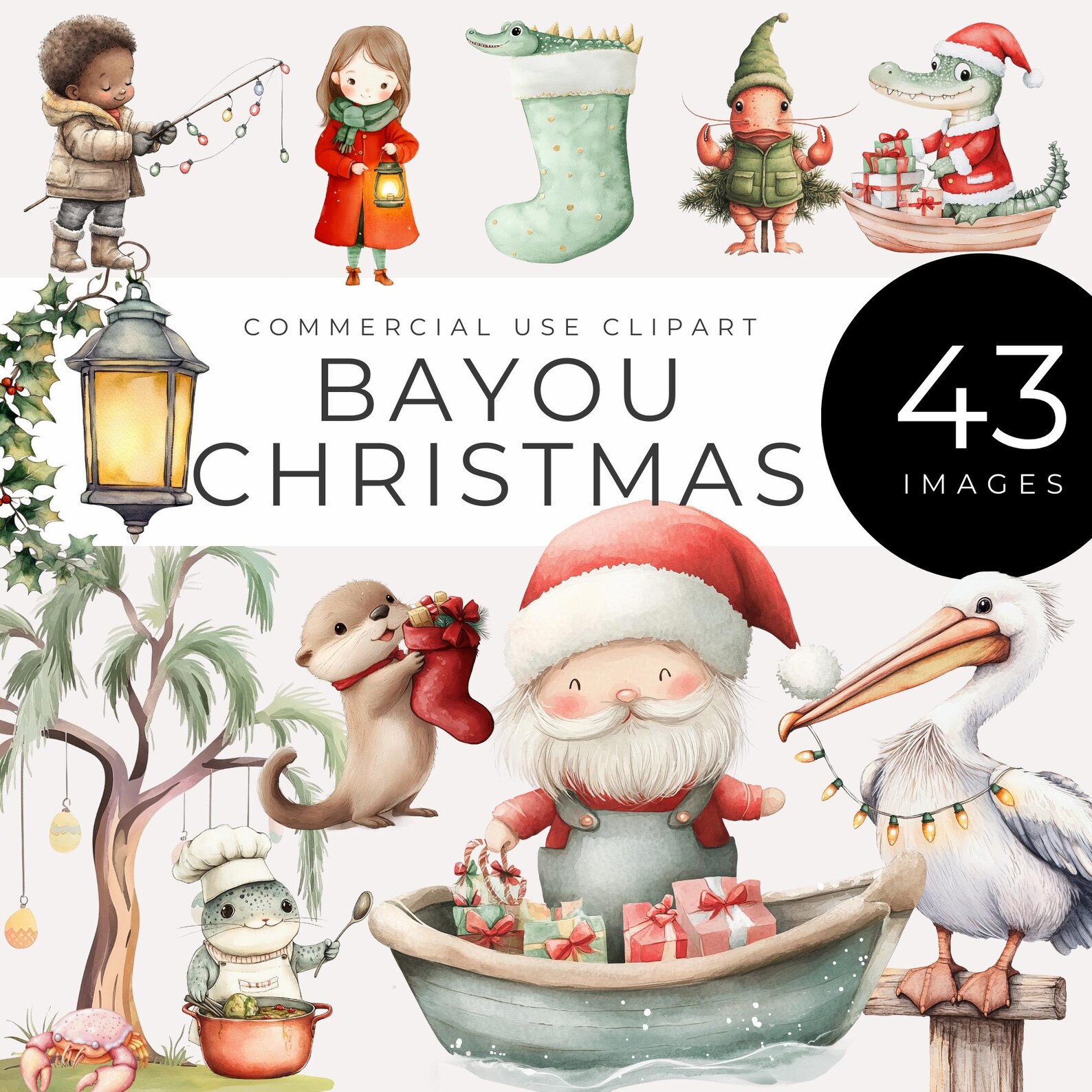 Cajun Santa Clipart, Instant Download, Festive Swamp Christmas Graphics ...